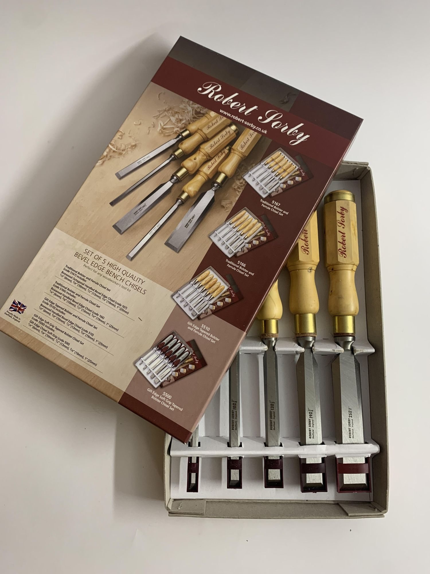 Robert Sorby Set of 5 Octagonal Handled Bevel Edged Chisels - Classic ...